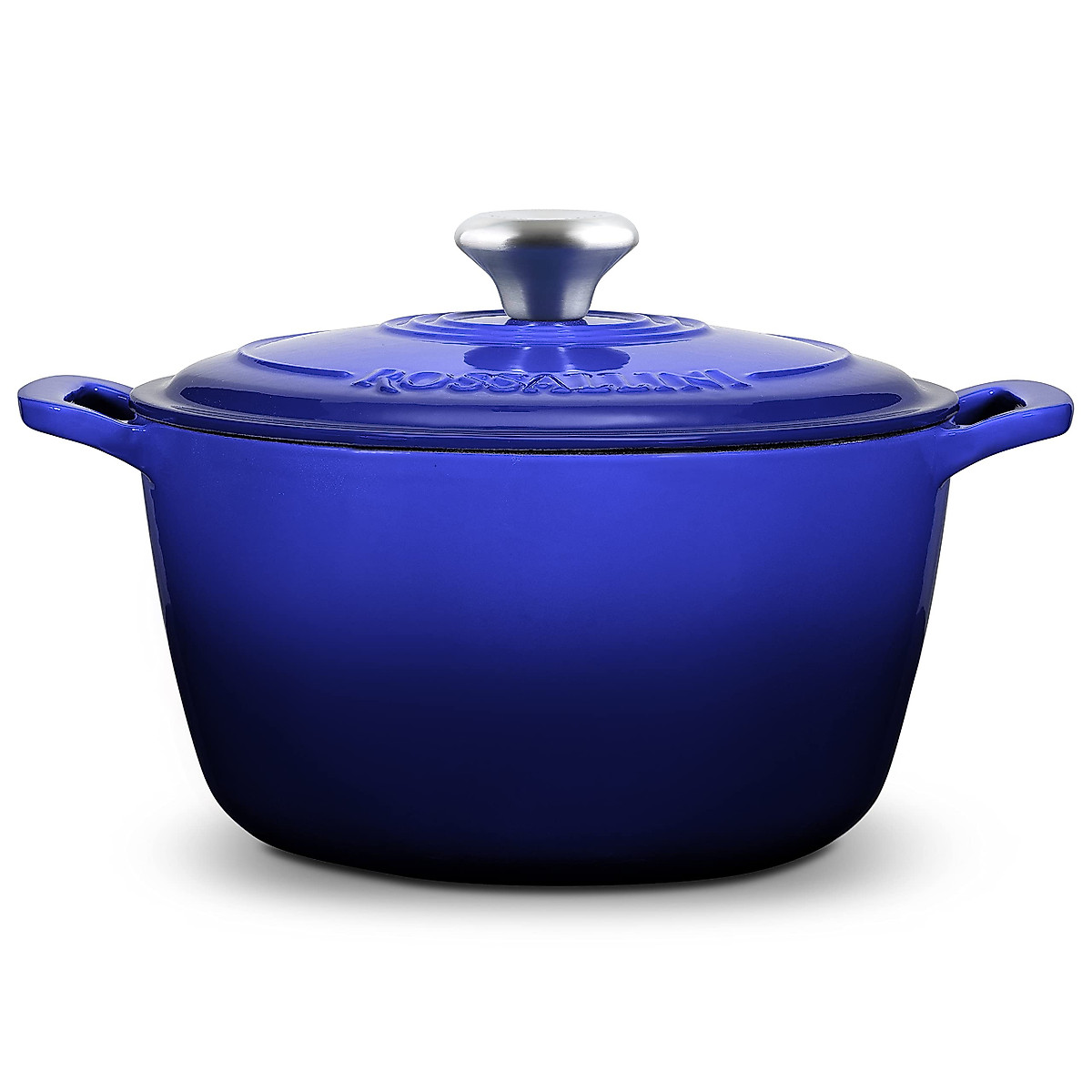 ROSSALLINI Signature Enameled Cast Iron Dutch Oven, Non-Stick Serving Pot with Tight Fitting Lid for Perfect Roasting, Baking, Sauteing, and Bread Making | 5.5Q (5.2L) - Indigo Blue