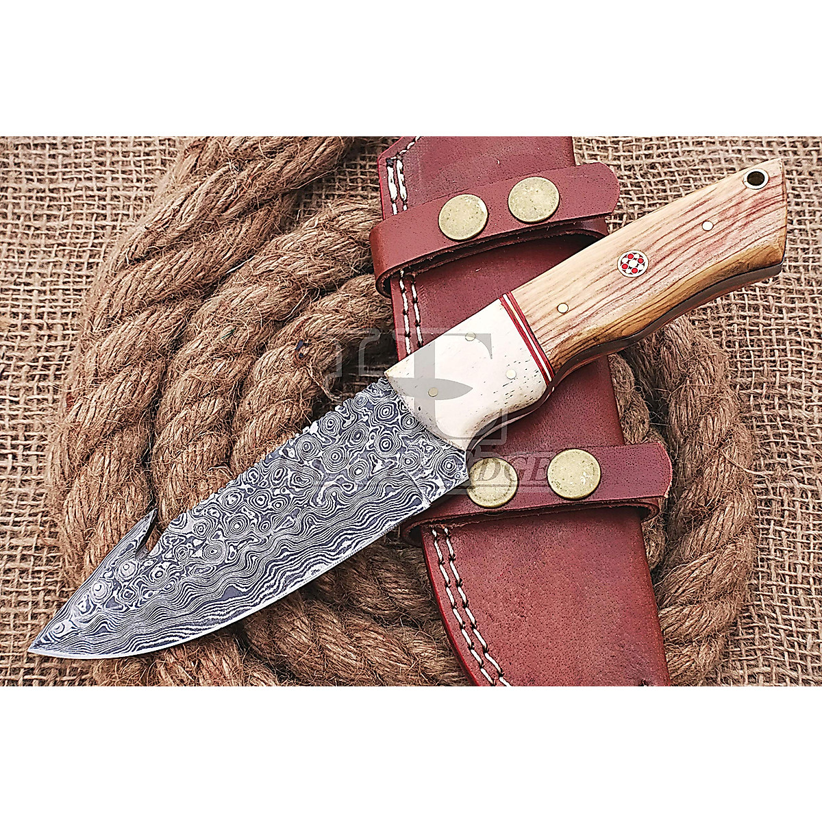 HUNTEX Handmade Hand-Forged Rain Drop Pattern Damascus Steel 9.5 Inch Long Full Tang Olive Wood Handle Razor Sharp Hunting Camping Gut Hook Knife w/Genuine Leather Pouch