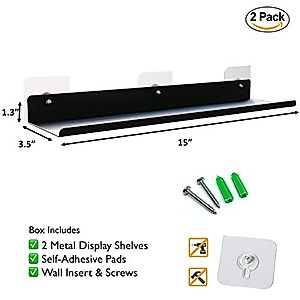 CADOVER 2 Pack 15" Picture Ledge Shelf Wall Mounted Metal Frame, Black Floating Shelves with Self Adhesive for Photo Display