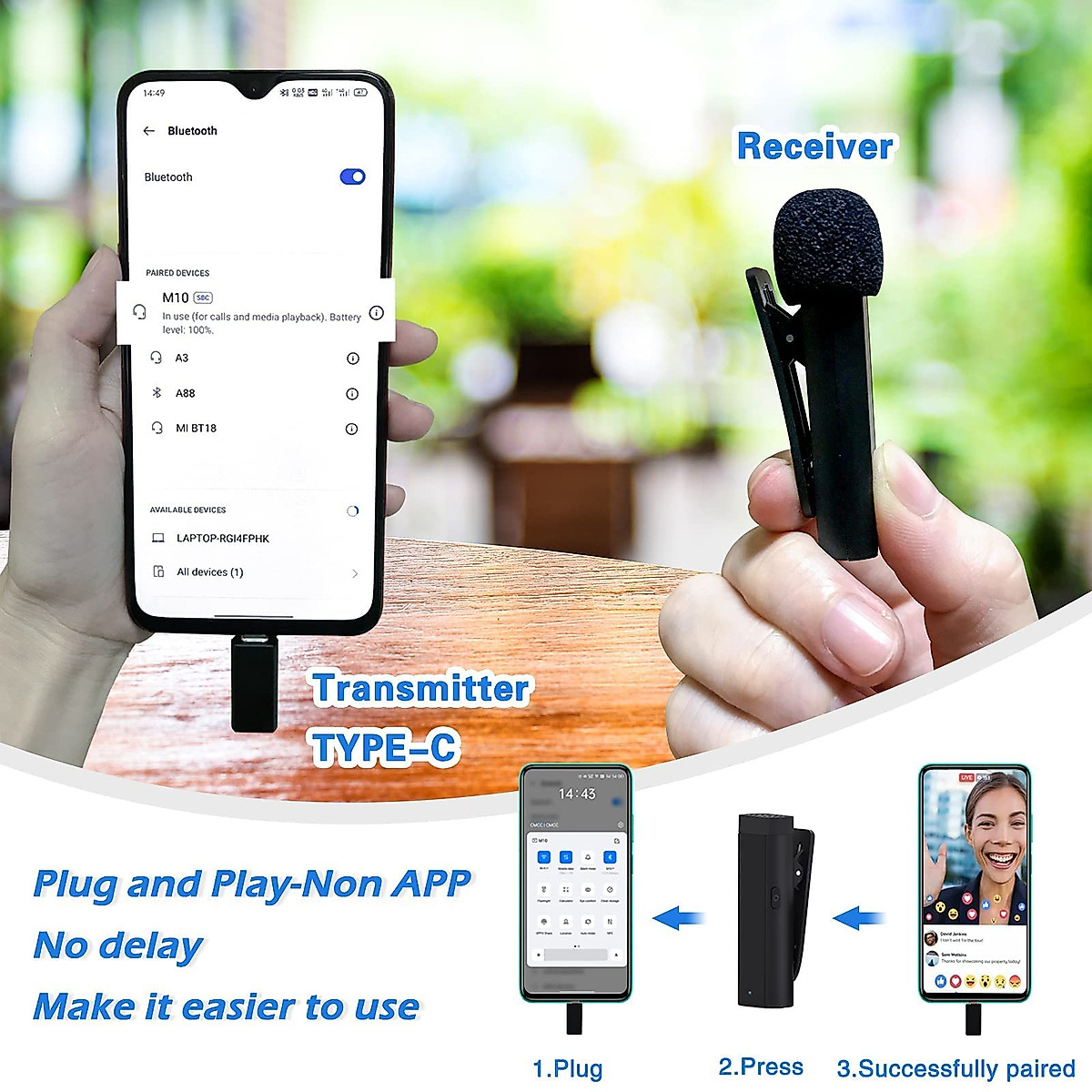 Wireless Lavalier Microphone System for Android/Computer/Laptop, Mini Bluetooth Microphone Cordless Lav Mic with 30Hours Charge Case,USB-C Lapel Microphone Wireless for YouTube Podcast Tiktok Vlog ect