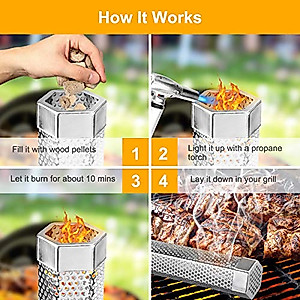 Pellet Smoker Tube, 2 Pack 12'' Stainless Steel BBQ Wood Pellet Tube Smoker with 2 Hooks and 2 Brushes for Cold/Hot Smoking