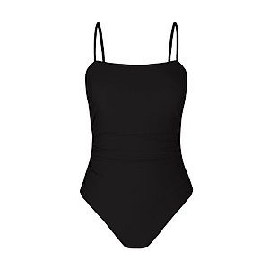 CUPSHE Women's One Piece Swimsuit Square Neck Cutout Back Tummy Control Adjustable Straps Striped Swimwear, L Black