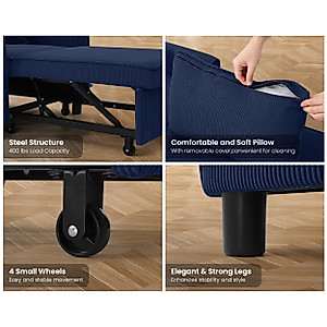 SEJOV Sleeper Chair, 4-in-1 Convertible Sleeper Sofa Bed with Adjustable Backrest, Corduroy Pull Out Chair Bed Single Recliner for Living Room, Bedroom, Apartment, Office, Small Space, Navy Blue