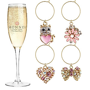 P411 Crystal Bow Love Heart Cat Flower Wine Charms Glass Marker for Party with Velvet Bag (Pink,Set of 4)