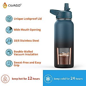 CIVAGO 32 oz Insulated Water Bottle With Straw, Stainless Steel Sports Water Cup Flask with 3 Lids (Straw, Spout and Handle Lid), Wide Mouth Travel Thermal Mug, Cool Gray