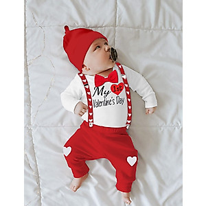 Dearnow Baby Boy Valentines Day Outfit 6-9 months My First Valentines Day Long Sleeve Romper+Suspender Pants+Hat 3Pcs Spring Outfit valentines baby boy outfit