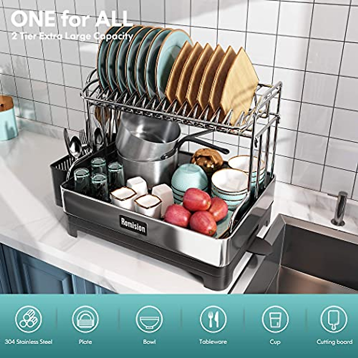 romision Dish Drying Rack, 304 Stainless Steel 2 Tier Large Dish Rack and Drainboard Set with Swivel Spout Drainage, Full Size Dish Drainer with Utensil Holder for Kitchen Counter of Big Family