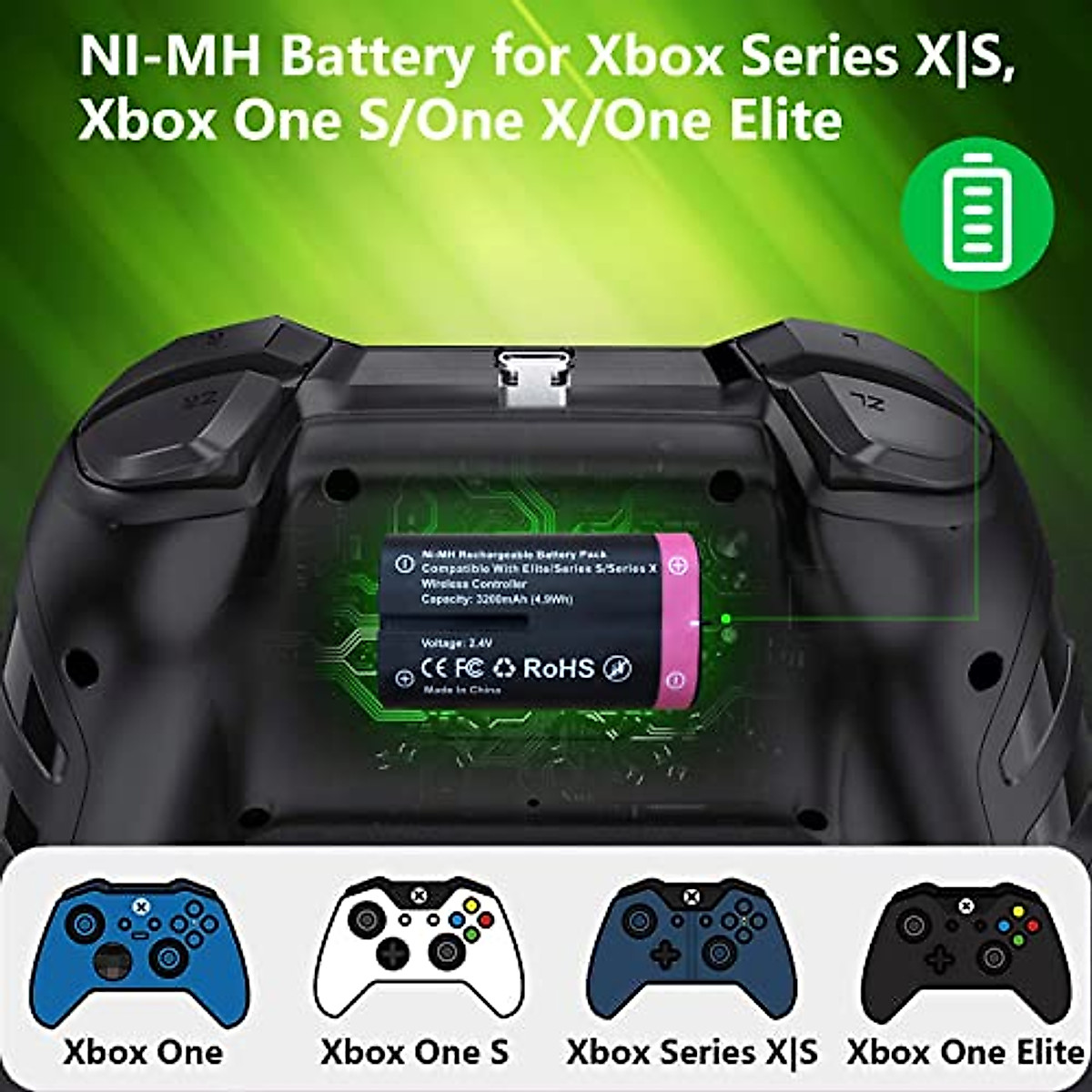 4 Pack 3200mAH Rechargeable Battery Packs with Charger Dock USB Charger Station for Xbox One Controller Xbox Series X|S, Xbox One S/One X/One Elite