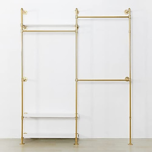 EDCB Modern Simple Industrial Pipe Clothing Rack Wall Mounted Hanging Rods Garment Bar with Shelves, Heavy Duty Garment Rack for Boutiques Retail Display (Glod, 92.1X76.8inch)