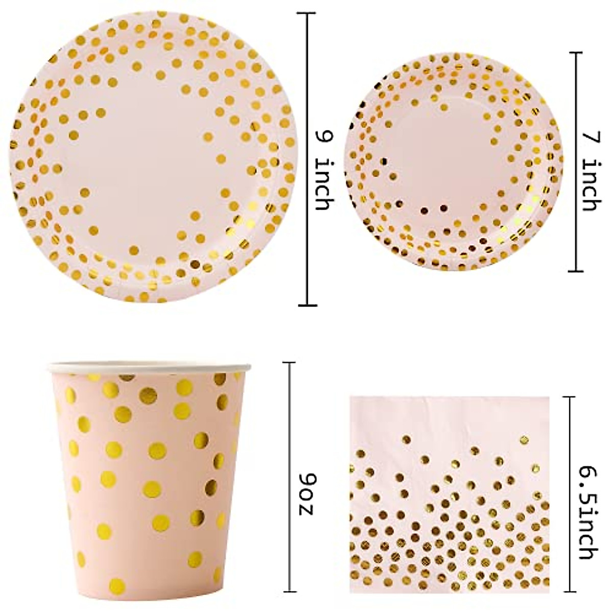 Pink and Gold Party Supplies – 175 Disposable Dinnerware Set Gold Dots on Pink Paper Plates Cups and Napkins, Gold Plastic Knives Spoons Forks for Baby Shower Wedding Party Bridal Shower
