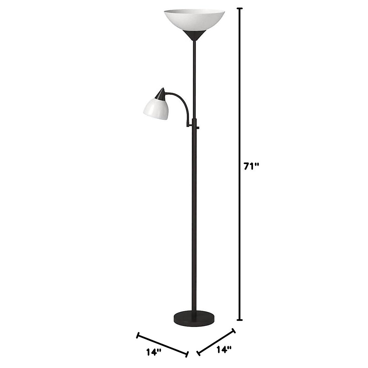 Adesso 7202-01 Piedmont 71" Torchiere with Adjustable Reading Lamp, 2 Lights, Black, Smart Outlet Compatible