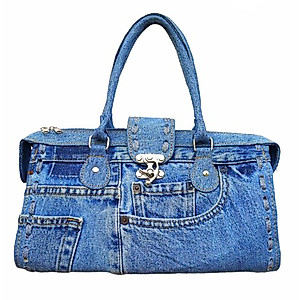 Upcycling Blue Denim Jean Large Capacity Doctor Style with Hand Stitching Edge Top Handle Satchel Structured Handbag for Women