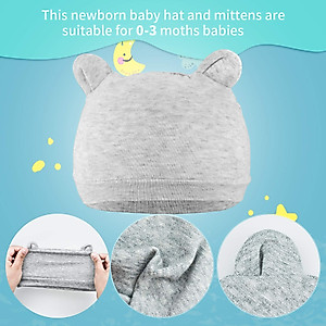 Dxhycc 4 Sets Newborn Baby Hats and Mittens, Baby Beanie Caps Hats and Scratch Mittens for Baby Boys Girls 0-3 Months