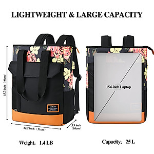 LOKASS Convertible Backpack Tote Bag丨 Slim Work Daypack For Women丨Commuter Laptop Backpacks School 丨Tote Bags For School/College/Travel 丨Fits 15.6 Inch Laptop, Black with Peony