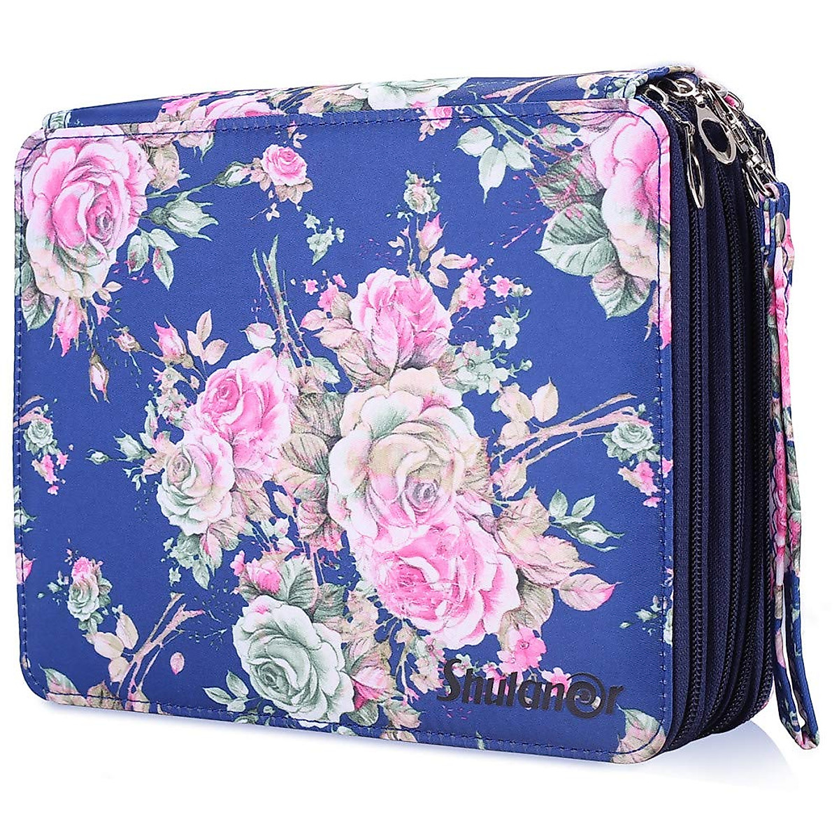 Shulaner 120 Slots Colored Pencil Case with Zipper Closure Large Capacity Blue Rose Oxford Pen Organizer Flower Pencil Holder