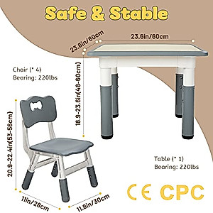 FUNLIO Kids Table and 4 Chairs Set, Height Adjustable Toddler Table and Chair Set for Ages 3-8, Easy to Wipe Arts & Crafts Table, for Classrooms/Daycares/Homes, CPC & CE Approved (5-Piece Set) - Gray