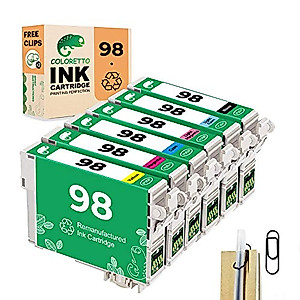 COLORETTO Remanufactured Ink Cartridge Replacement for Epson 98 T098 Used for Artisan 730 810 837 (1 Black,1 Cyan 1,Magenta,1 Yellow,1 Light Cyan,1 Light Magenta) (Special Edition Includes 1 Pen Clip)