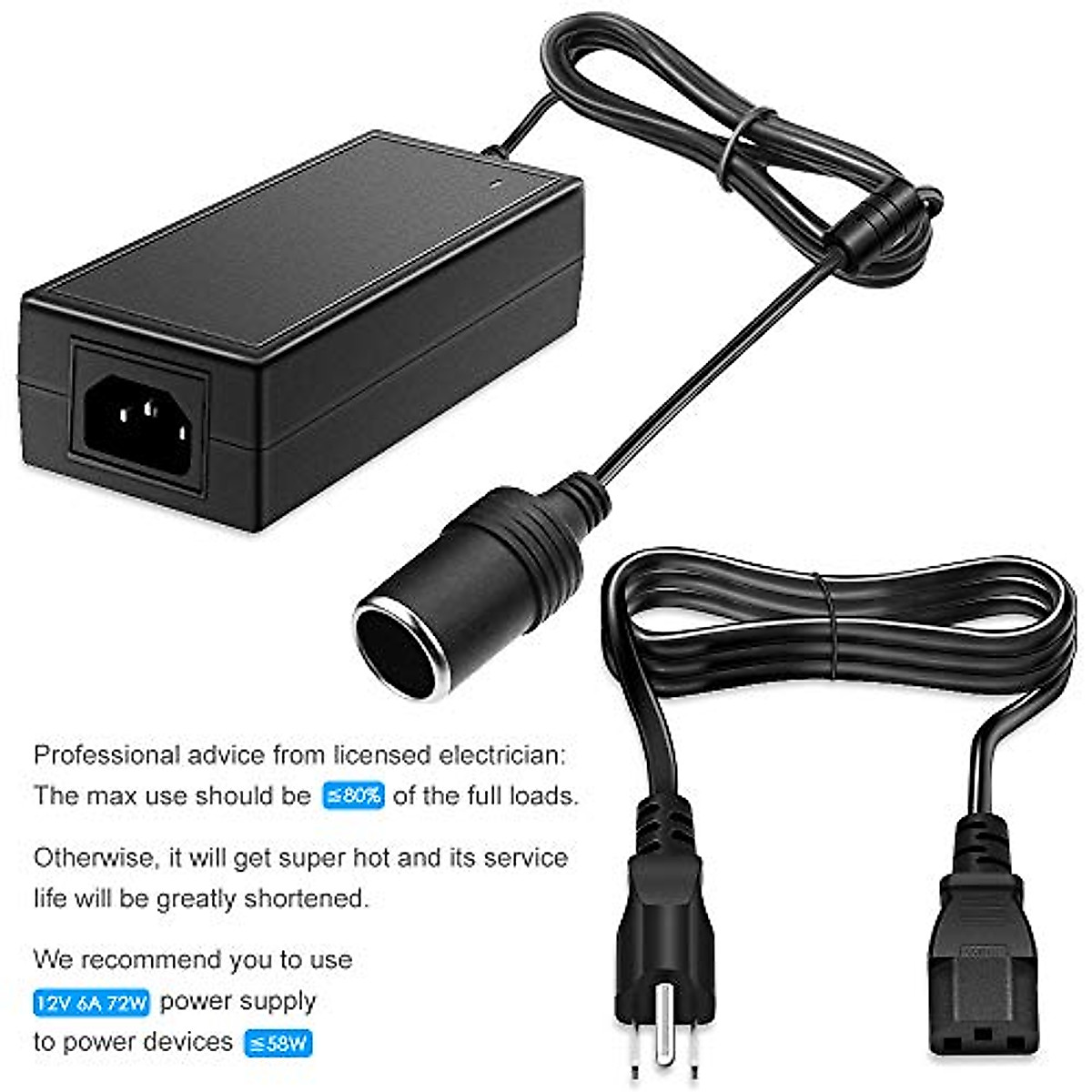 SHNITPWR 110V to 12V Converter AC to DC Converter 12V 6A 72W Power Supply with Car Cigarette Lighter Socket 100~240V AC to DC 12V 6A 5.5A 5A Adapter for Car Dash Cam Purifier Vacuum Cleaner Under 72W