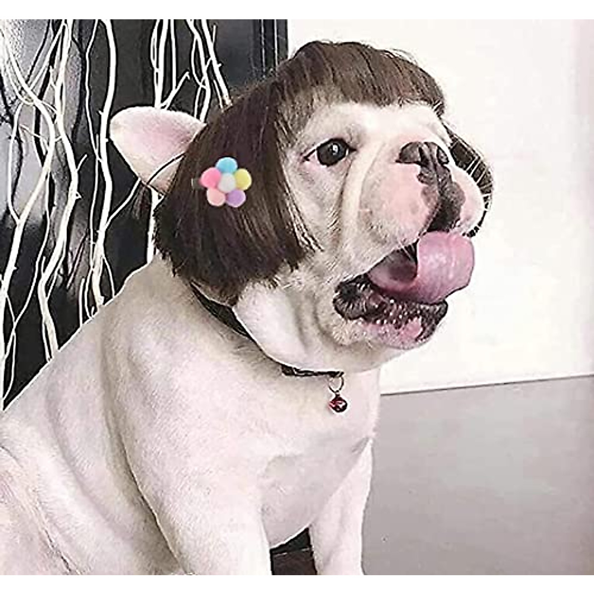 Dog Wig Costume for Small Medium Large Dogs with Head Flower, Trimmable Pet Cosplay Cat Decoration for Halloween, Christmas, Parties