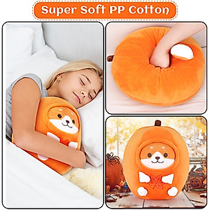 Fortuning's JDS Shiba Inu Pumpkin Plush, 12" Pumpkin Corgi Dog Stuffed Animal Plushies with Autumn Leaf Decor, Kawaii Birthday Gift for Boys Girls Kids Plush Toy Pillow