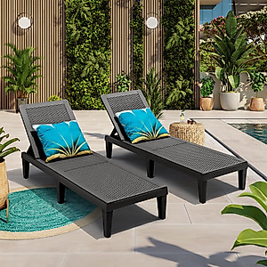 GUNJI Lounge Chairs for Outside Patio Waterproof Resin Chaise Lounge Outdoor Adjustable Lounge Chairs Set of 2 Pool Chairs Sun Loungers for Deck, Poolside and Beach (Black)