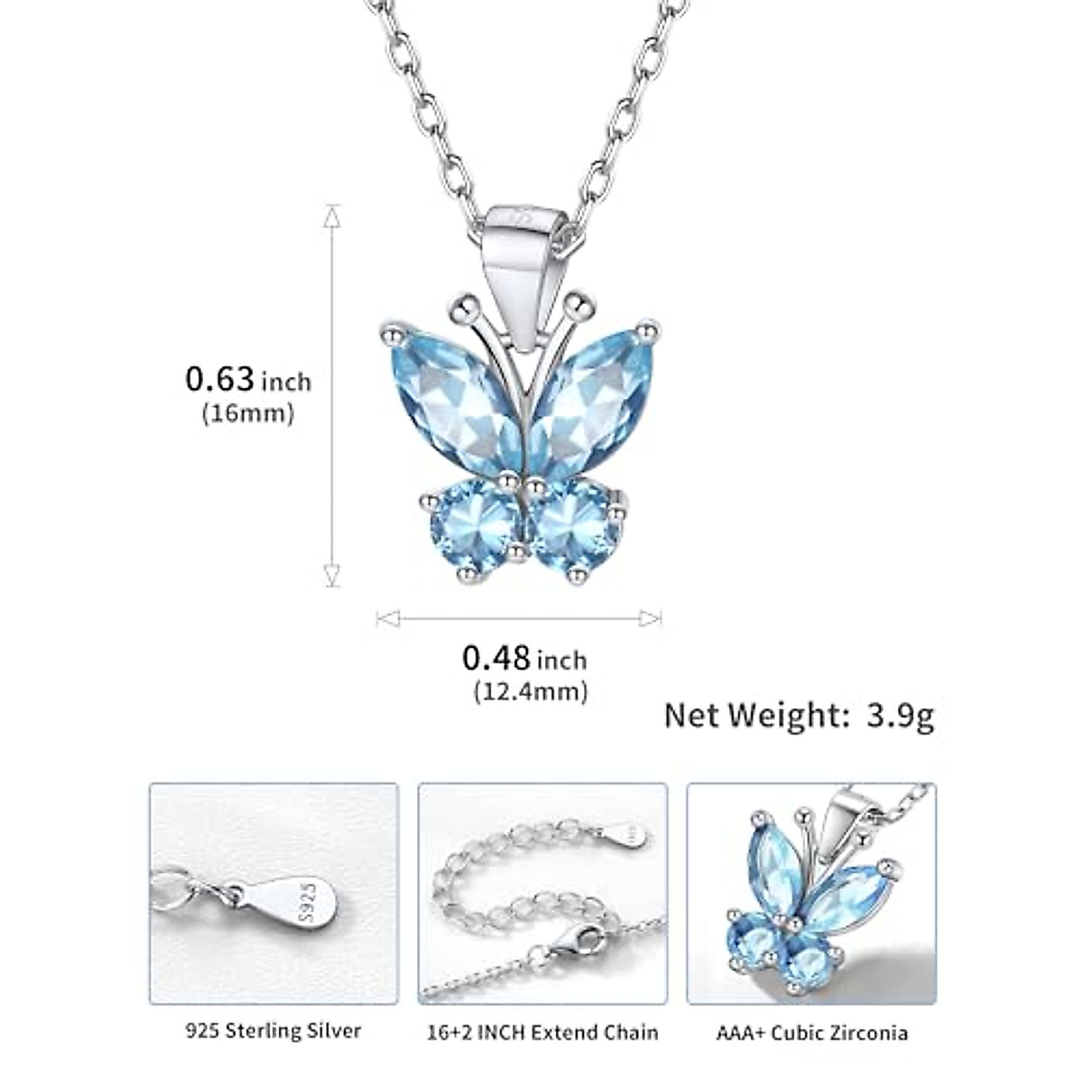 SILVERCUTE Light Blue Butterfly Pendant Necklace 925 Sterling Sterling Silver Cute Insect Animal Pendant & Chain for Women