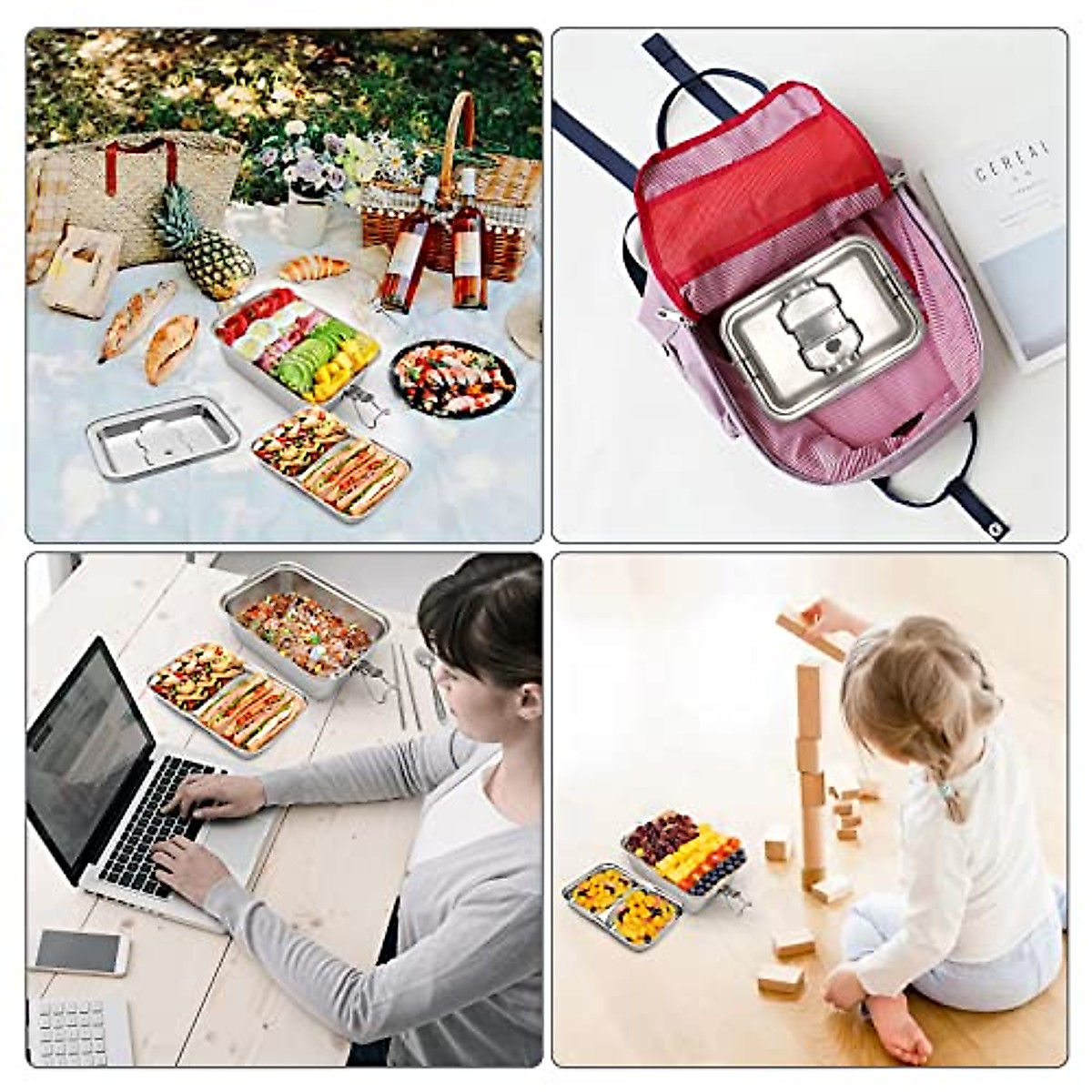 Double Layer Stainless Steel Bento Lunch Box - 1800ML Leak Proof Container with Safety Latch, Chopsticks and Spoon Included. Perfect for Adults and Easy to Clean! Dishwasher Safe Metal Bento Box.