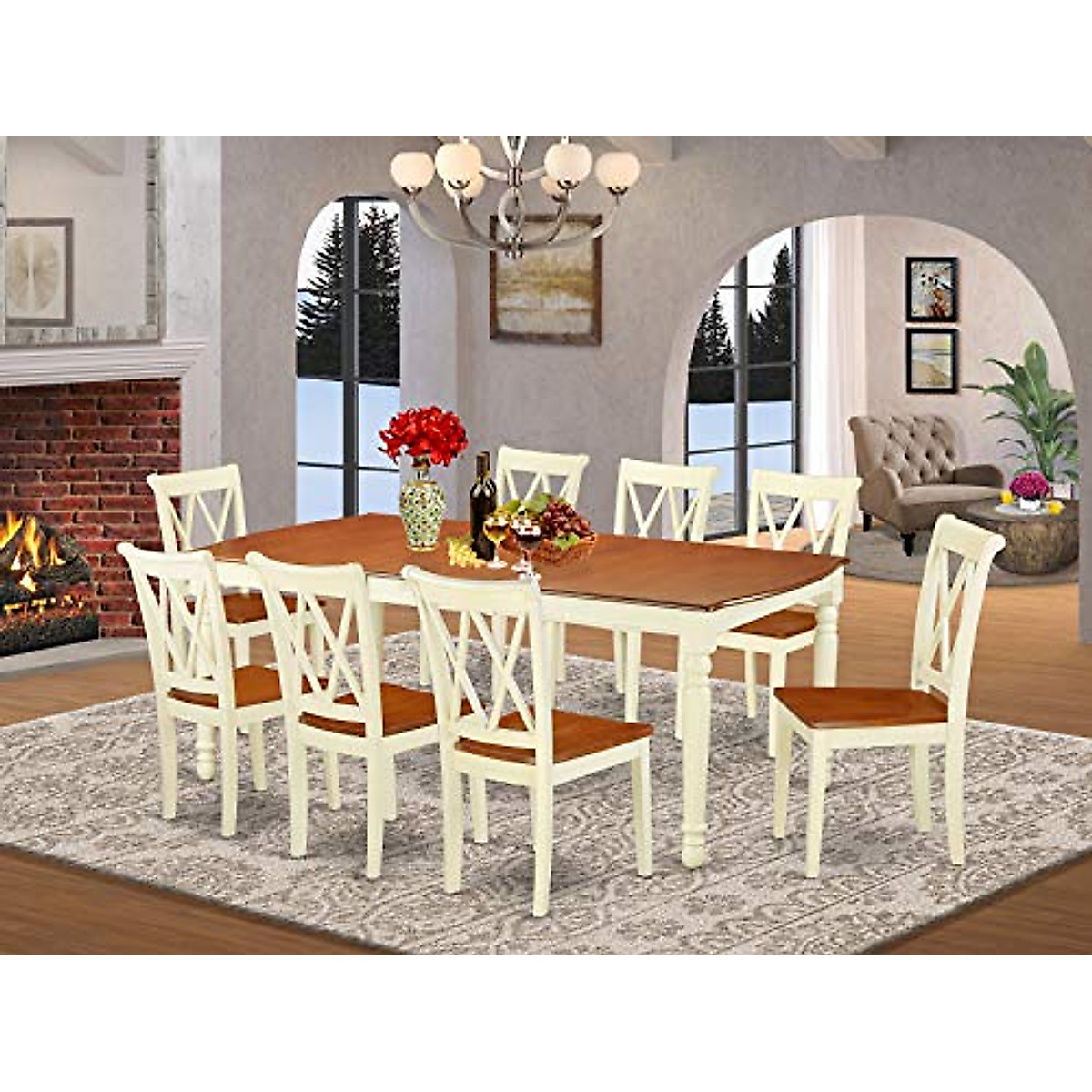East West Furniture Dover 9 Piece Set Includes a Rectangle Dining Room Table with Butterfly Leaf and 8 Wood Seat Chairs, 42x78 Inch, Buttermilk & Cherry