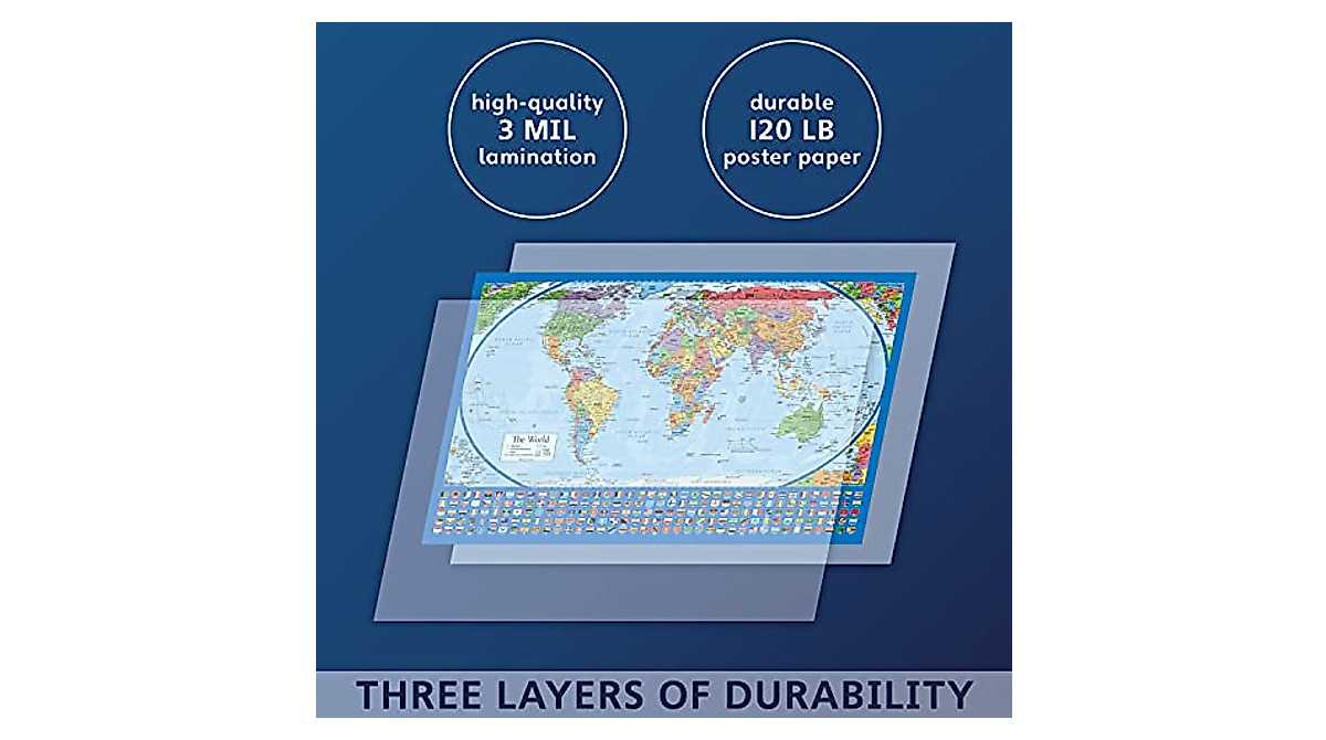 Equal Earth World Map Poster 18x29 Laminated Blue Map