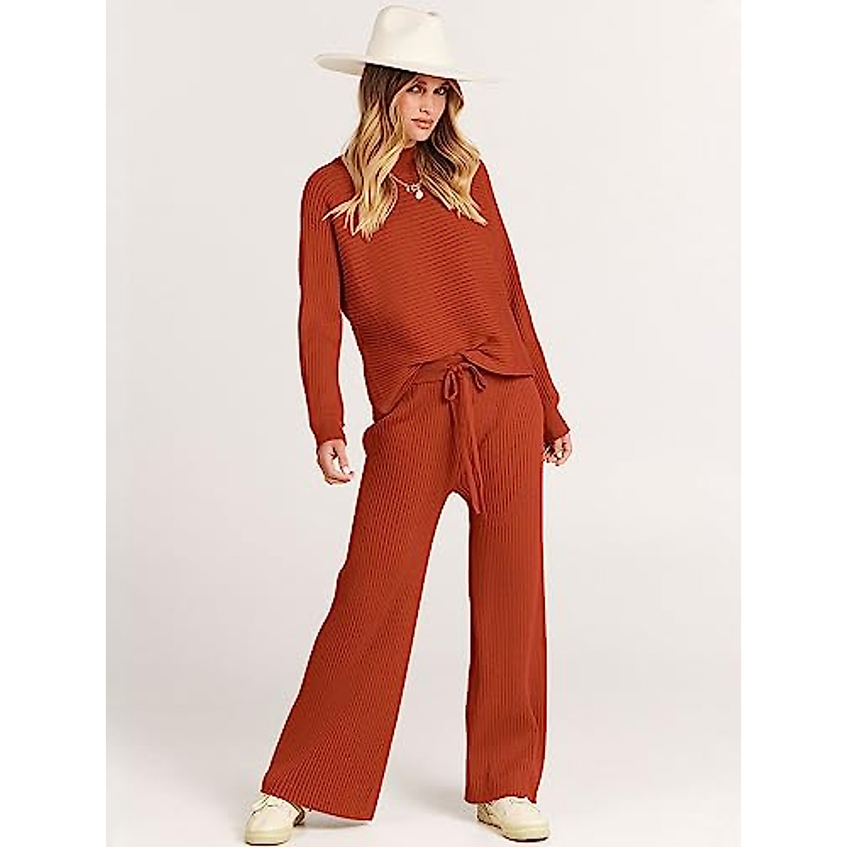 ANRABESS Women's 2 Piece Sweater Lounge Set Creneck Long Sleeve Ribbed Knit Pullover Crop Top and Straight Pants 582shenxiuhong-S Rust