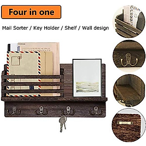 Wooden Wall Mounted Mail and Key Holder, Mail Letter Sorter Organizer Key Holder Hooks Rack Hanging with 4 Double Key Hooks, Cap Rack Floating Shelf Rustic Home Decor for Entryway, Kitchen, Mudroom