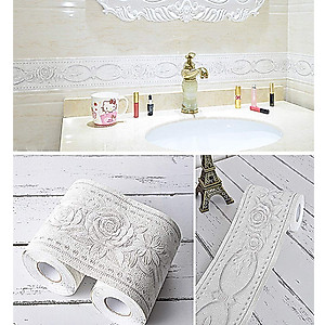 UPREDO 3D Decorative Floral Molding Waterproof Wallpaper Border Peel and Stick for Bathroom Kitchen Counter Top Backsplash Tiles Sticker,4 Inch by 16.4Ft (Cream White)