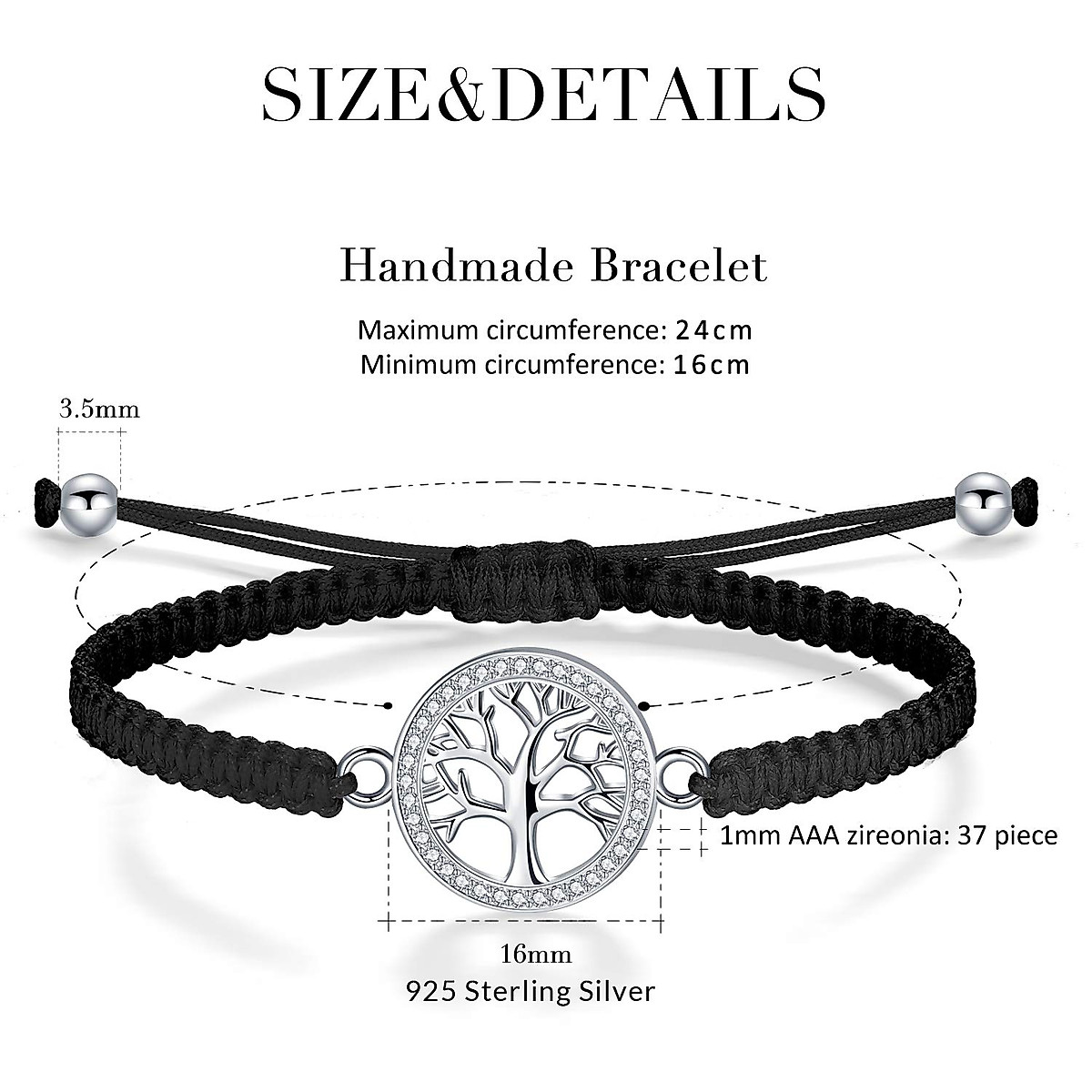 ZENI Tree of Life Bracelet for Women, Black Rope Bracelet 925 Silver Handmade Braided Adjustable Bracelet Love Friendship Christmas Bracelet Gifts