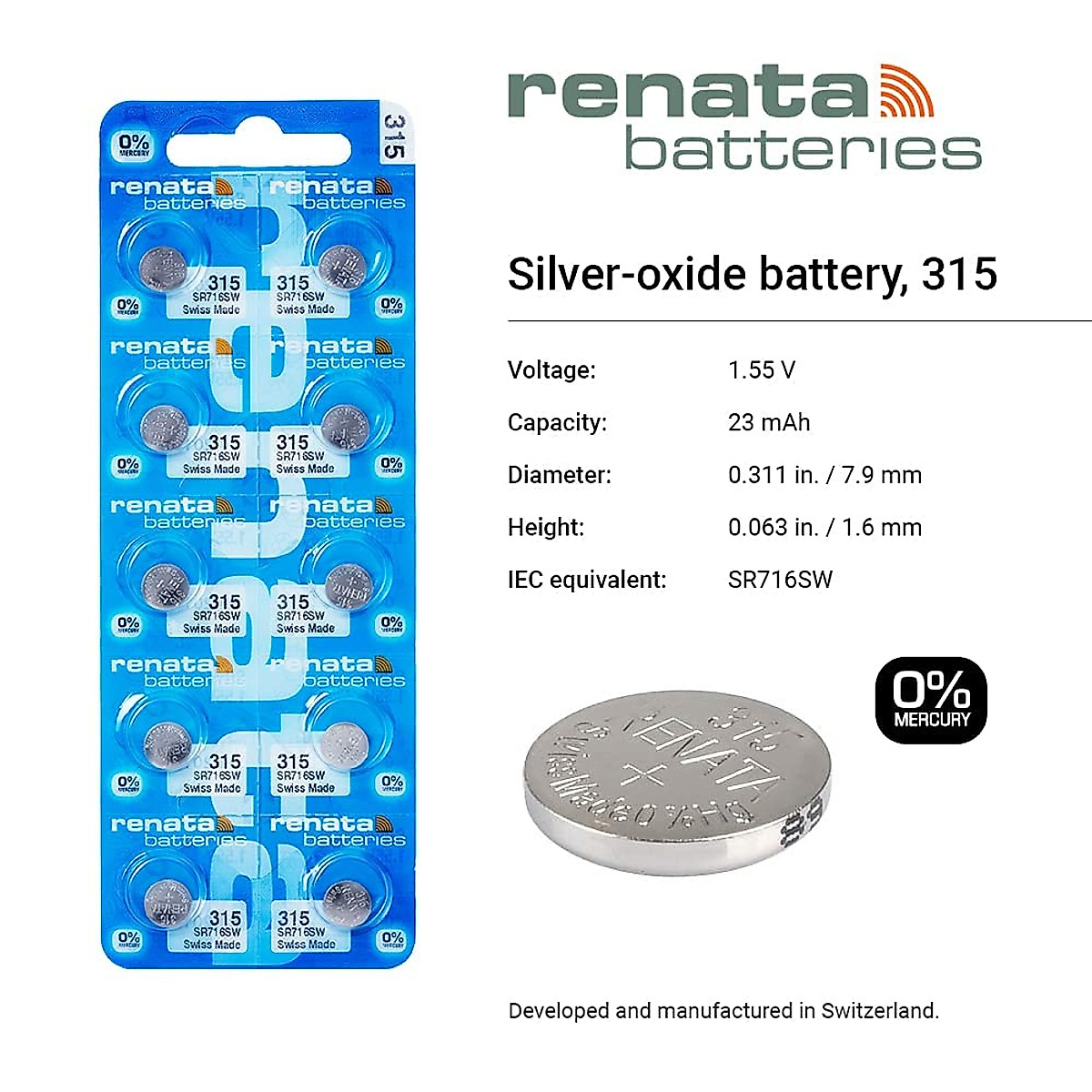 Renata 315 SR716SW Batteries - 1.55V Silver Oxide 315 Watch Battery (2 Count)