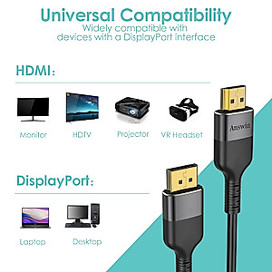 Answin DisplayPort to HDMI, 8K@30Hz DisplayPort to HDMI Cable(4K@60Hz, 2K@165Hz/144Hz) UniDirectional DP to HDMI Cable Compatible for PC, HP, DELL, GPU, AMD, NVIDIA and More-6ft