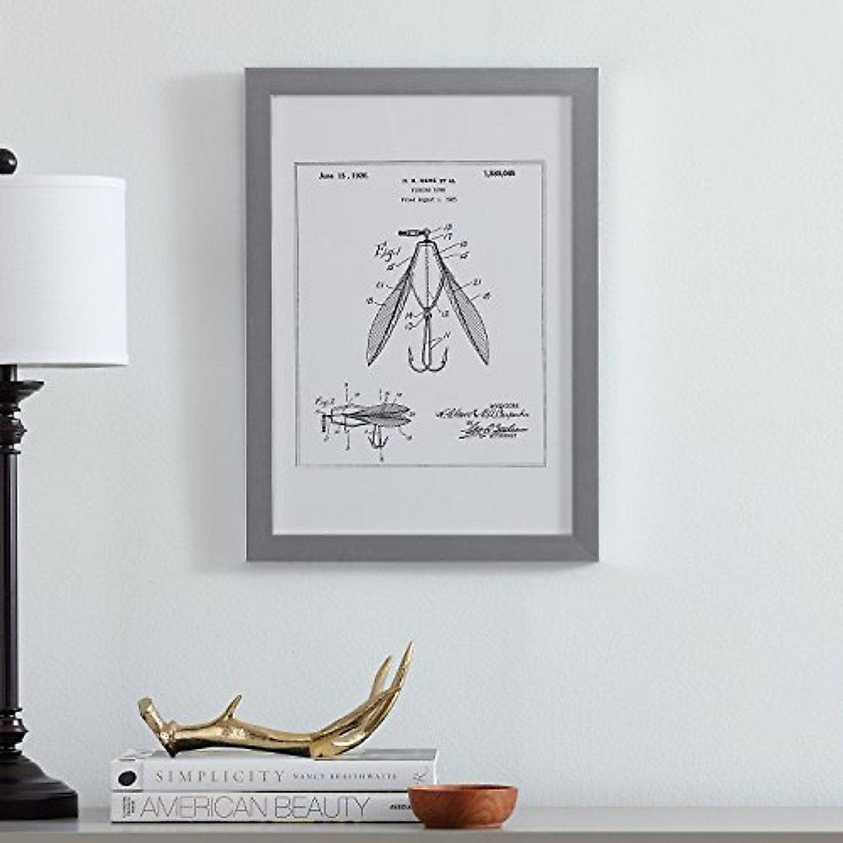 Amazon Brand – Stone & Beam Modern Silver Ink Reprint of Fishing Lure Patent Wall Art, Silver Frame, 15" x 21"