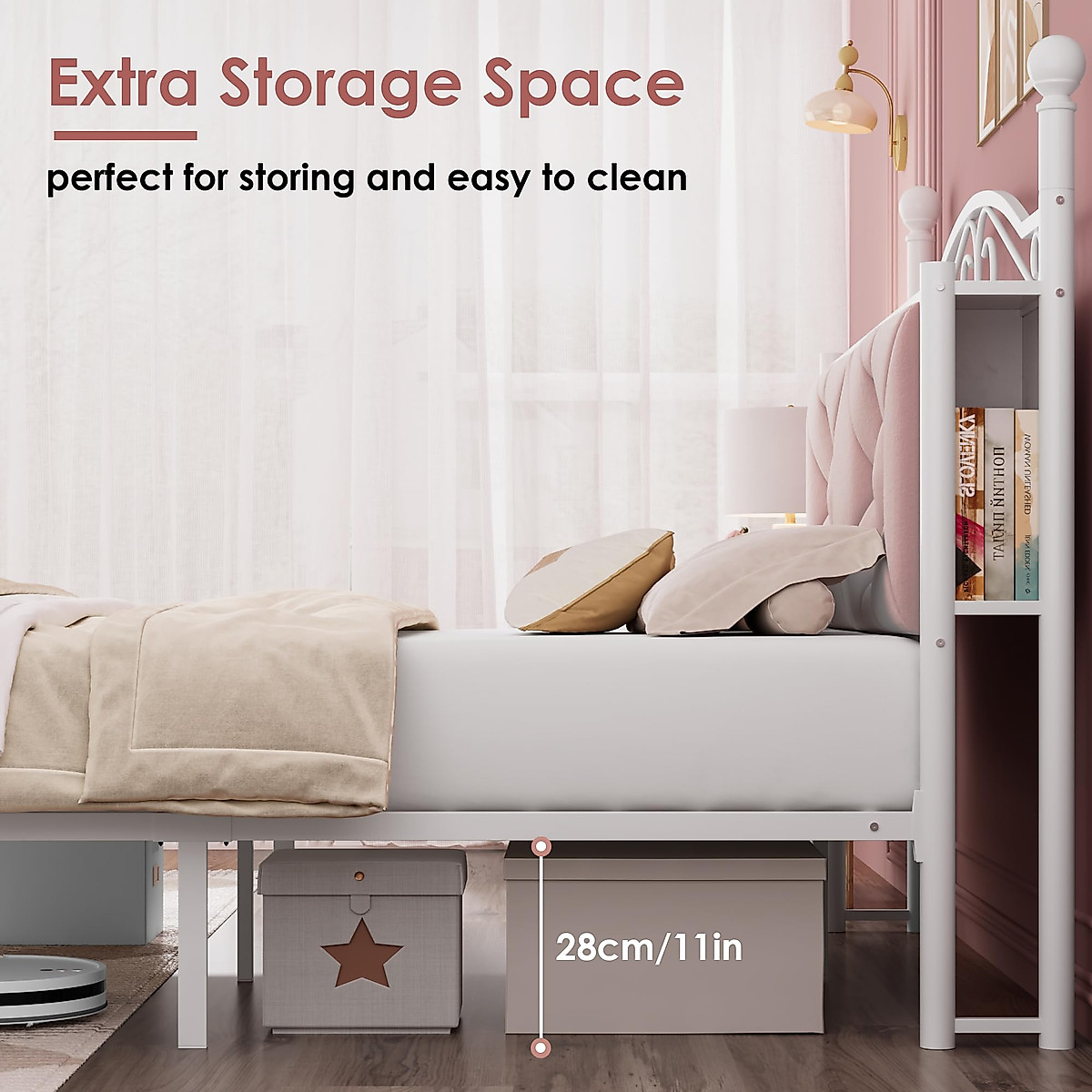 Full Upholstered Canopy Bed Frame with 2 Drawers & Crystal Tufted Storage Headboard Two-Purpose Metal Platform Bed with 4 Removable Posts & Charging Station Pink Princess Bed, Curtain Not Included