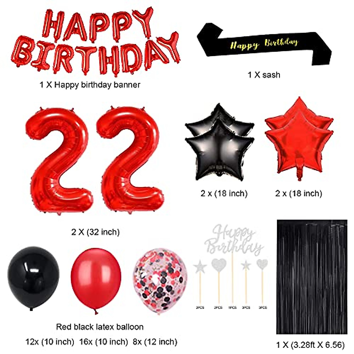 Fancypartyshop 22ND Birthday Party Decorations Supplies Red Black Later Balloons Happy Birthday Cake Topper Sash Foil Black Curtains Foil Star Balloons Number Red 22