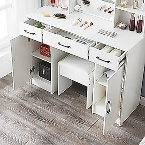 Large Vanity, Vanity Desk with Mirror & Lights,White Vanity Set Makeup Table with 3 Drawer & 3 Level Storage Dresser,2 Cabinets,Bedroom Dressing Table