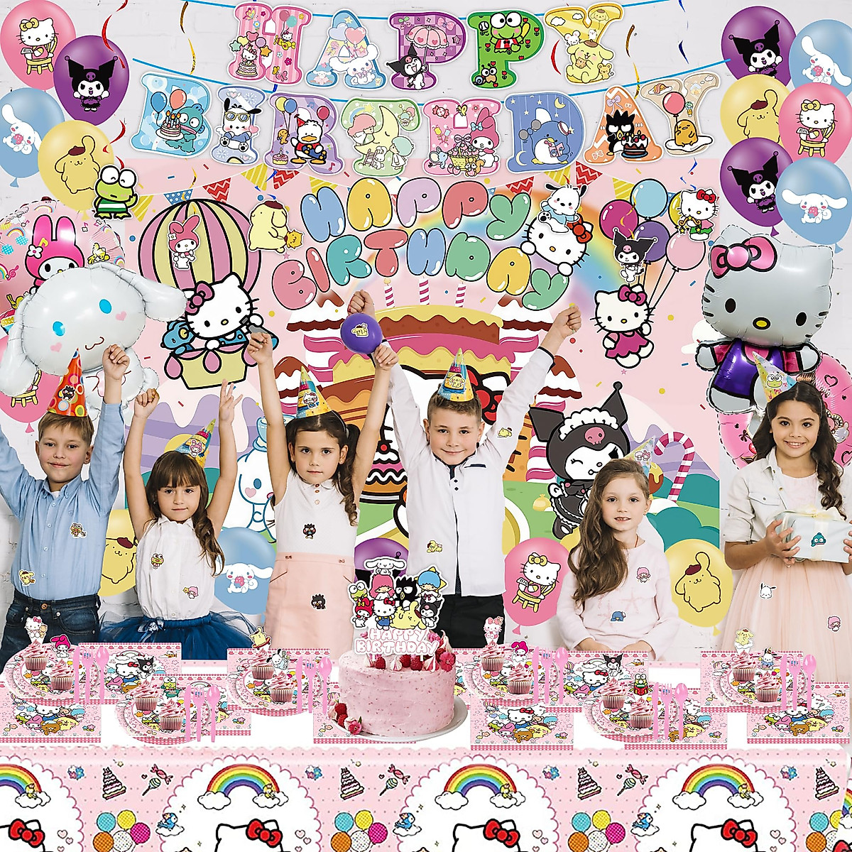 Kawaii Birthday Decorations, Cartoon Party Decorations, Include Banner, Cake Toppers, Paper Tableware, Stickers, Backdrop, Tablecloth, Balloons, Hanging Swirls, for Kids Theme Birthday Party Supplies