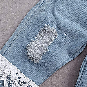 CIYCUIT Newborn Baby Girl Lace Clothes Infant Boho Romper + Ripped Denim Jeans 2Pcs Fall Outfits (Z1 White, 6-12 Months)