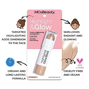 MCoBeauty Highlight and Glow Stick - Luminous Cream Balm Highlighter Stick - Illuminating Cheek Contour With Dewy Finish - Formulated With Ultra Fine, Light Reflecting Particles - Champagne - 0.35 Oz