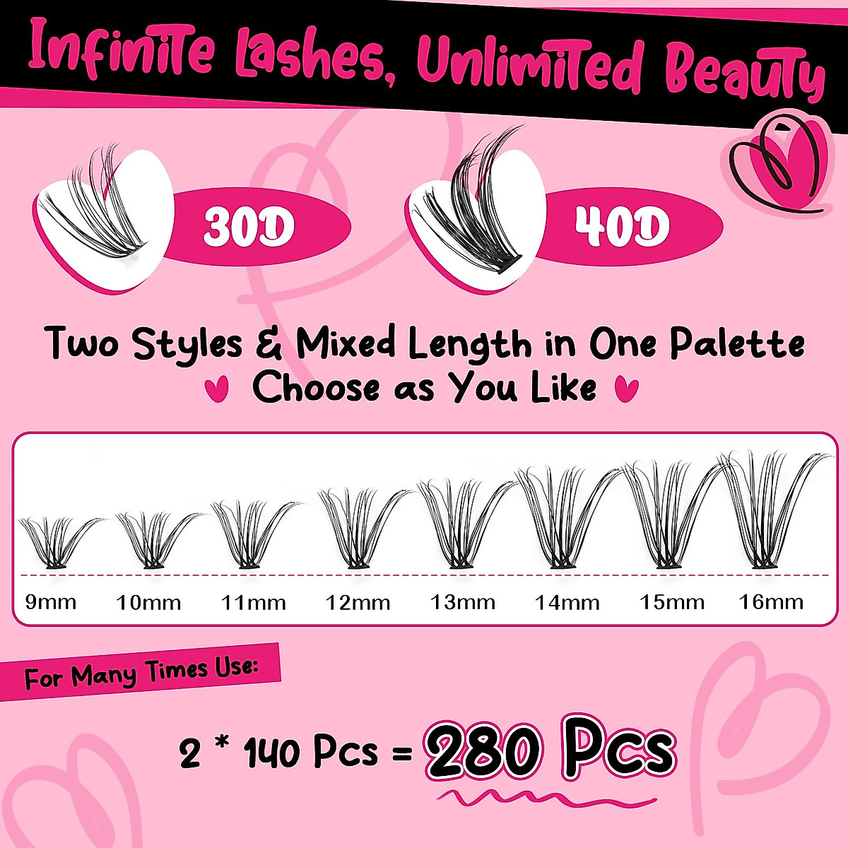 Lash Extension Kit 280Pcs Lash Clusters Eyelash Extension Kit with Lash Bond and Seal Lash Remover Lash Applicator Individual Lashes Kit Eyelash Brush Easy to Apply at Home(30D+40D-9-16mix Kit)