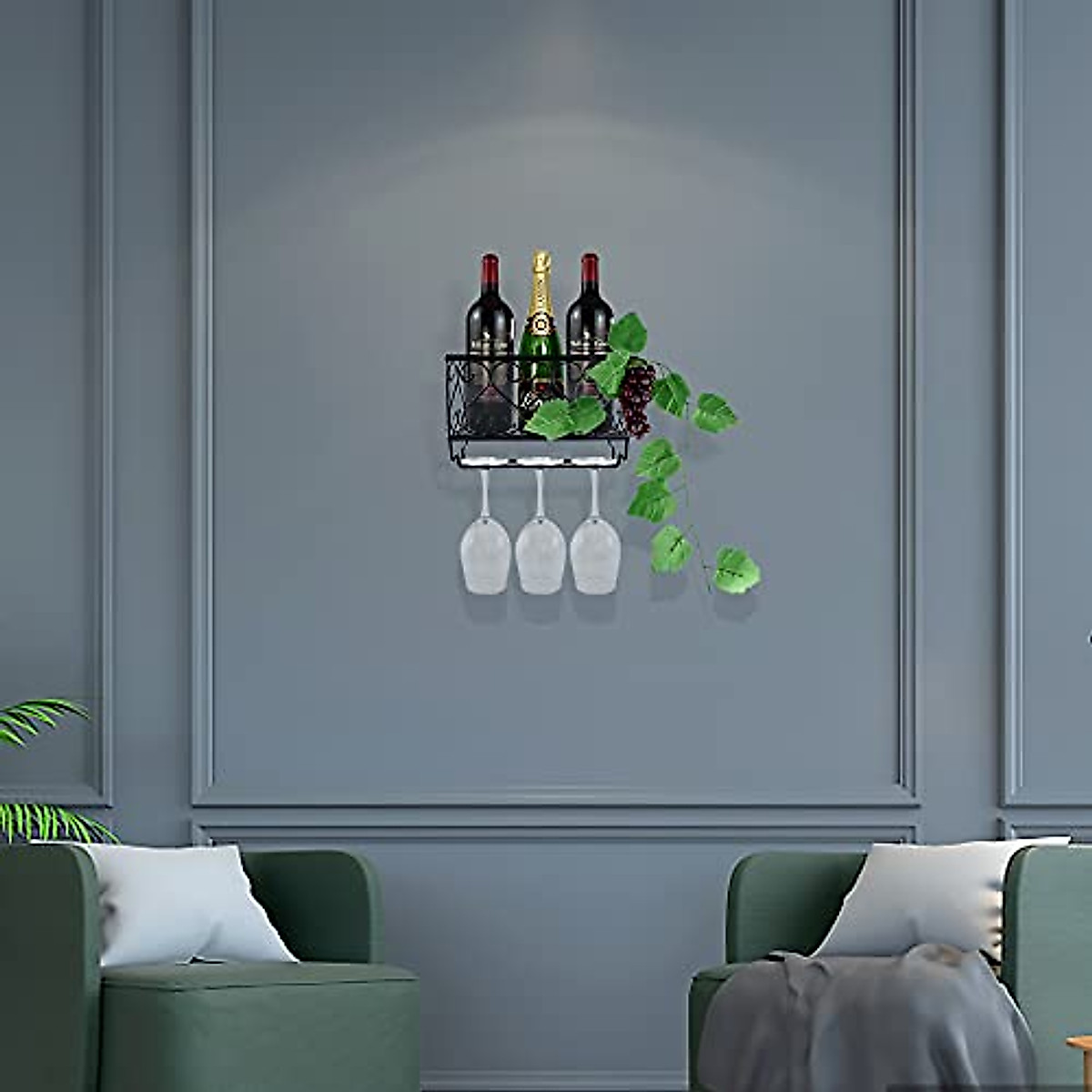 Wine Rack Wall Mounted Iron shelff and Hanging Wine Rack Inverted Wine Cup Rack, Restaurant and Living Room Decorated (9.84inch)