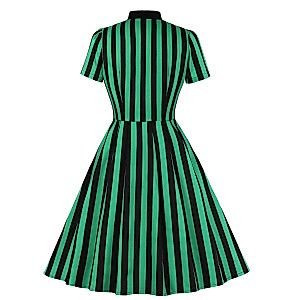 Wellwits Women's Tie Neck Halloween Gothic Black and Green Stripe Vintage Dress M