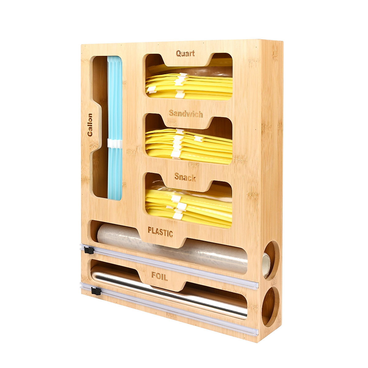 Generic Bag Storage Organizer for Kitchen Drawer, 6 in 1 Foil and Plastic Wrap Dispenser with Cutter, Bamboo Plastic Bag Food Baggie Organizer, brown, M-4hf01