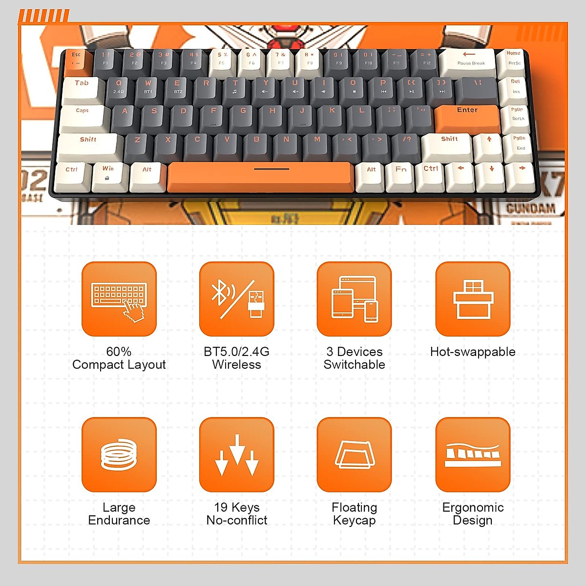 MAGIC-REFINER 60% Wireless Mechanical Keyboard, Bluetooth 5.0/2.4GHz with Dual Mode 2-in-1 Receiver, Compact 68-Key Hot Swappable Ergonomic Gaming Keyboard, Clicky Blue Switch for PC Mac Smartphone