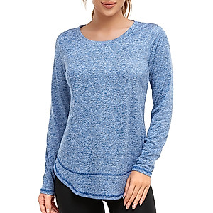 Abrooical Athletic Tops for Women Long Sleeve Running Shirts Yoga Loose Fit Workout Tees Tennis Tops Long Blue XX-Large