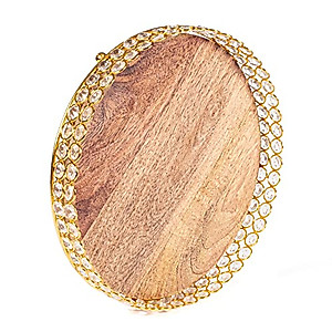 Wooden Round Serving Tray for Living Room,Decorative Coffee Table Tray,Round Wood Tray for Ottoman or Side Table, Charcuterie Board or Cheese Platter, Wooden Metal Tray 12" Dia with Golden Natural