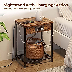 Rolanstar End Table Set of 2 with Charging Station, Small Side Table with USB Ports & Storage Shelf for Small Space, Living Room, Nightstand Bedside, 2-Tier Sofa Table for Bedroom